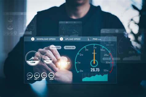 메타버스 기술 개념을 사용한 빠른 인터넷 연결 스마트폰을 들고 있는 손과 인터넷 속도 측정의 가상 화면 인터넷 및 기술 개념 6g 고속 인터넷 개념 프리미엄 사진