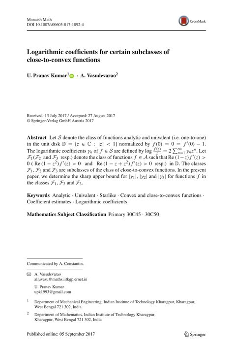 Pdf Logarithmic Coefficients For Certain Subclasses Of Close To Convex Functions