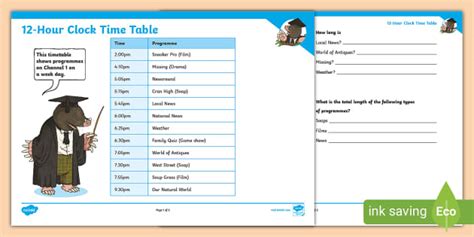 12 Hour Clock Time Table