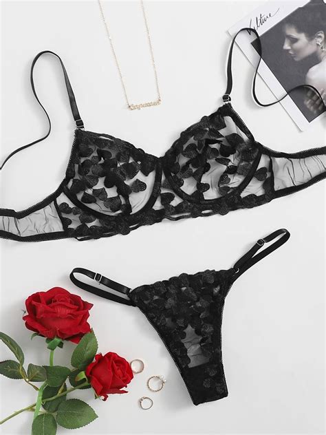 Embroidery Floral Lace Matching Lingerie Set Sexy Bra And Semi Sheer