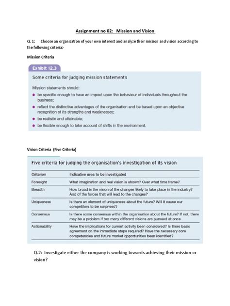Mission And Vision And Framework Assignment Pdf