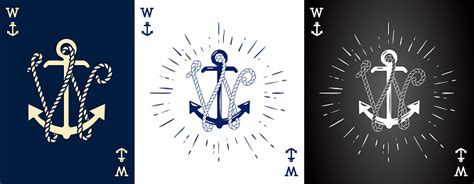 선박 로프로 만든 앵커와 편지가있는 세 개의 빈티지 라벨 세트 의류 티셔츠 또는 포스터 디자인 로고 타입 모노그램 카드 플레이 스타일 벡터 일러스트레이션 골동품에 대한 스톡