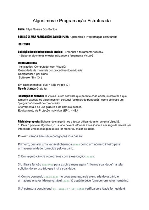 Algoritmos E Programação Estruturada Algoritmos E Programação Estruturada Nome Filipe Soares