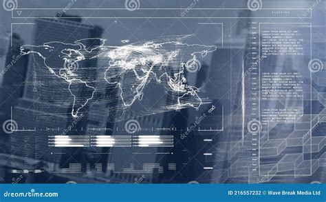 digital interface with data processing against tall buildings in background stock footage