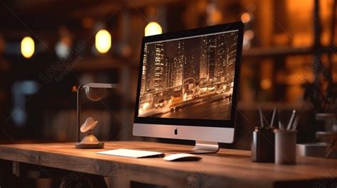 흐린 야간 조명 배경에 복사 공간이 있는 나무 테이블에 있는 Pc 컴퓨터 모형의 3d 렌더링 간이 배경 야간 배경 컴퓨터 사무실 배경 이미지 Hd 간이 야간