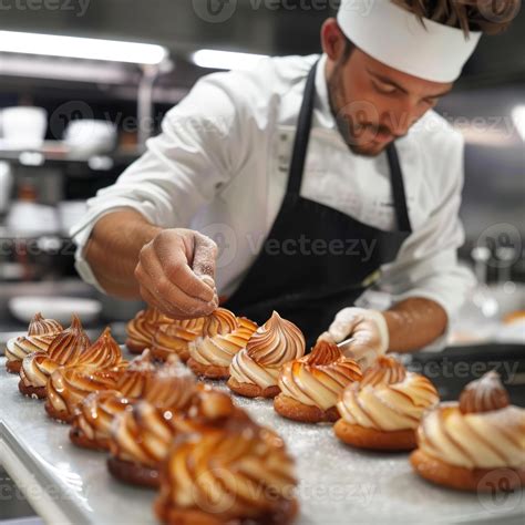 Pastry Chef Skillfully Decorating Desserts In An Upscale Kitchen During