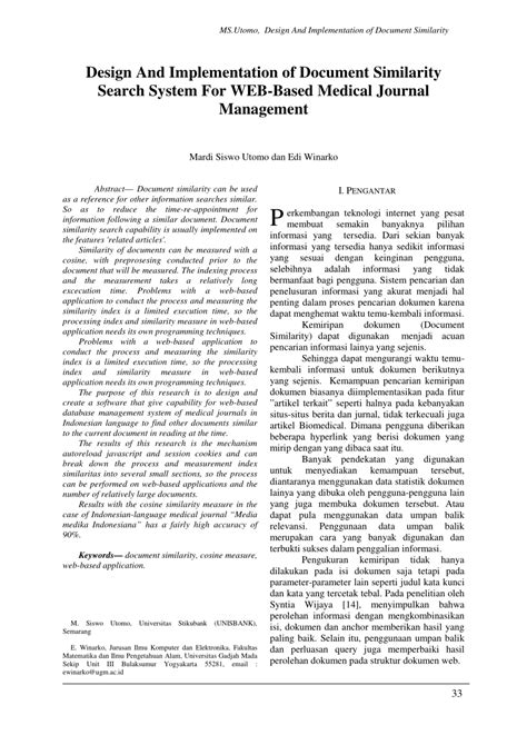 Pdf Design And Implementation Of Document Similarity Search System