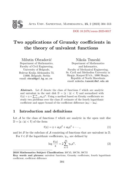 Pdf Two Applications Of Grunsky Coefficients In The Theory Of Univalent Functions