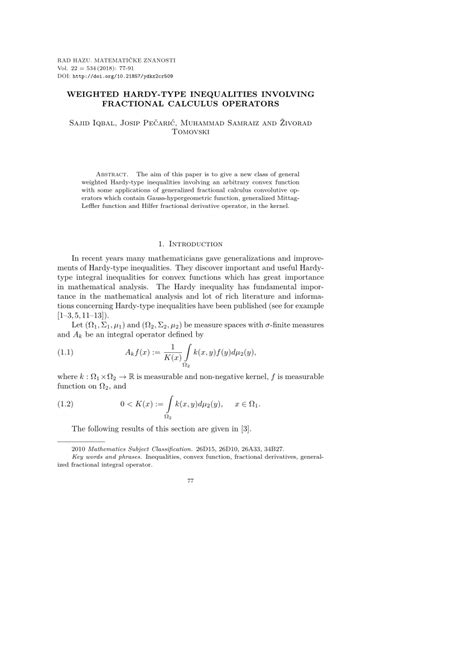 Pdf Weighted Hardy Type Inequalities Involving Fractional Calculus Operators