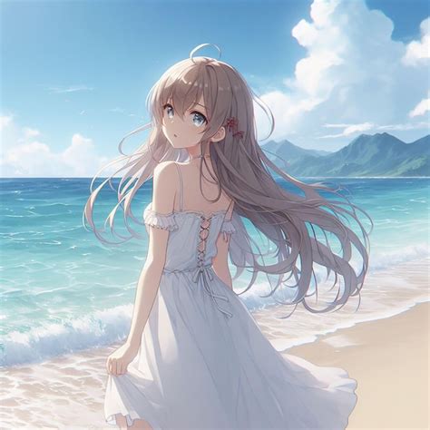 Premium Photo Anime Girl On The Beach With Mountains In The Background