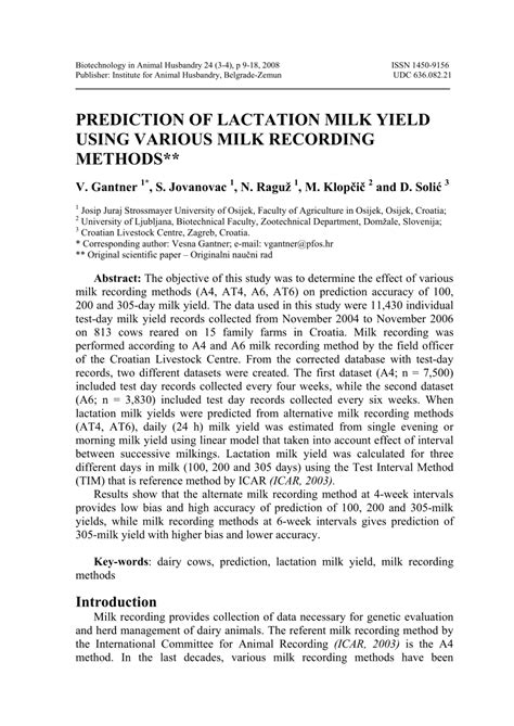 Pdf Prediction Of Lactation Milk Yield Using Various Milk Recording Methods