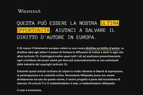Wikipedia è Bloccata In Italia Contro La Riforma Del Copyright Europeo