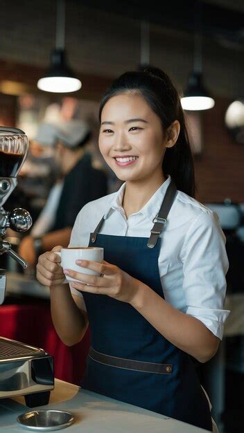 Smiling Asian Girl Barista Making Coffee Holding Cup Wearing Cafe Uniform Apron Standing Near