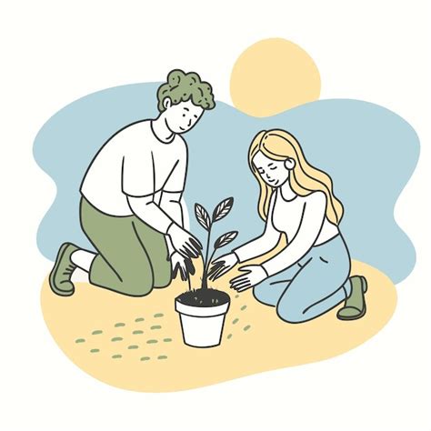 Un Dibujo De Un Hombre Y Una Mujer Plantando Una Planta Vector Premium Generado Con IA