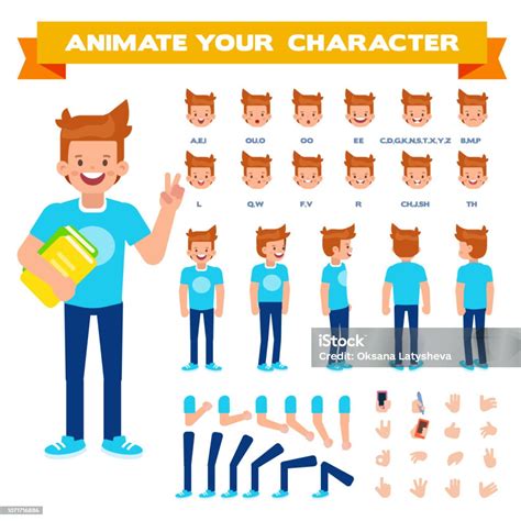 책 만들기와 다양 한 플레이 입술 Synching 감정 포즈 제스처 설정 학생 소년 공부에 대한 스톡 벡터 아트 및 기타 이미지
