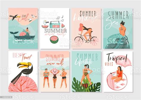 손으로 그린된 벡터 추상적인 그래픽 만화 여름 시간 평면 일러스트 카드 템플릿 컬렉션 흰색 배경에 고립 된 해변 인 어 고래 일몰 사람과 열 대 조류와 집합 벡터에 대한