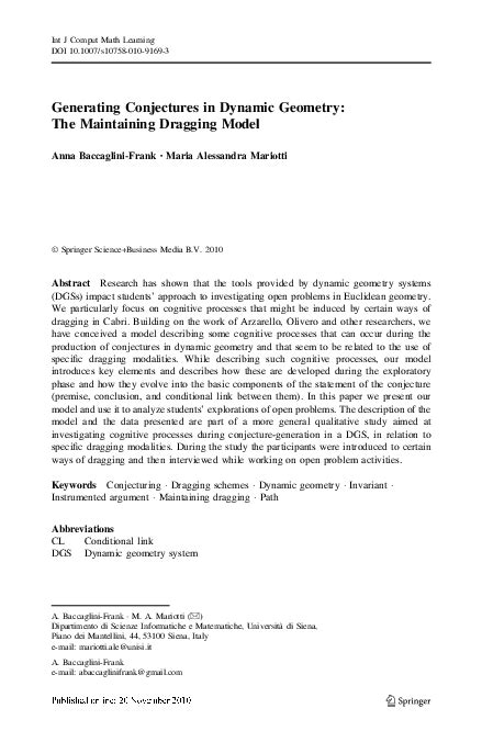 Pdf Generating Conjectures In Dynamic Geometry The Maintaining Dragging Model