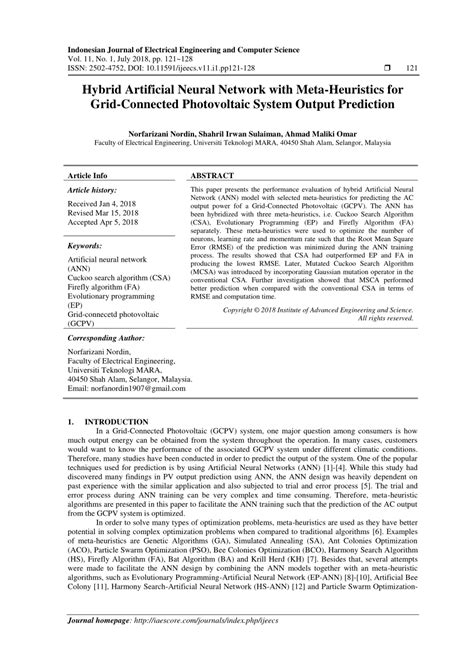 Pdf Hybrid Artificial Neural Network With Meta Heuristics For Grid Connected Photovoltaic