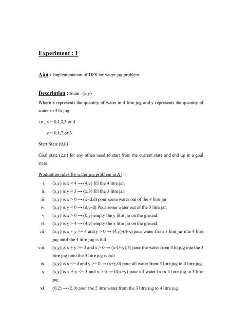 Aiml Lab Experiment 1 Aim Implementation Of Dfs For Water Jug