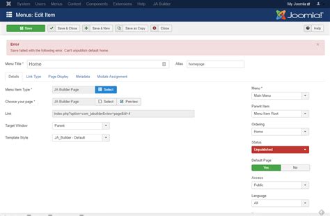 can t publish home menu item as default joomlart