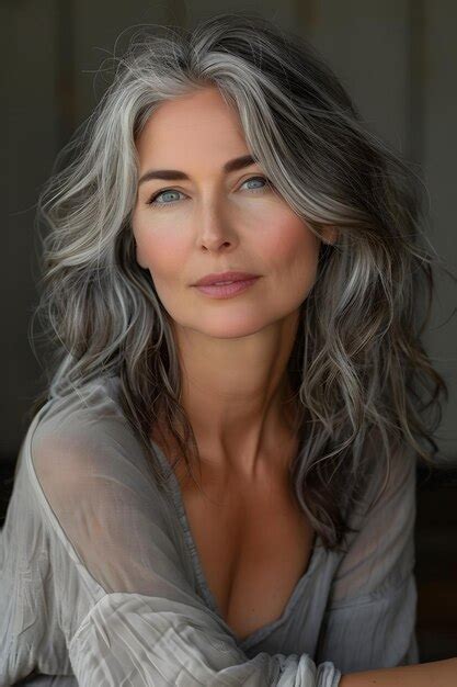 A Woman With Gray Hair And Blue Eyes Wears A Gray Shirt Premium Ai