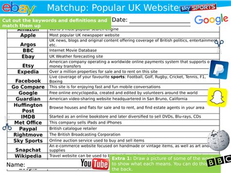 Popular Websites Matchup Ict Internet Starter Activity Keywords Ks3 Gcse Cover Homework