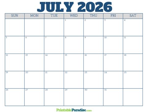 Free Calendar July 2026 Printable