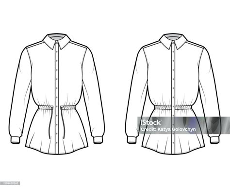 셔츠 드로스트링 세트는 허리 테크니컬 패션 일러스트와 긴 소매 튜닉 길이 클래식 칼라를 모았습니다 0명에 대한 스톡 벡터 아트 및 기타 이미지 Istock