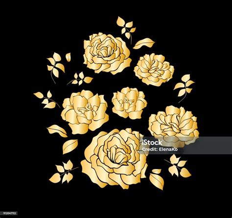 꽃 디자인 벡터 일러스트 레이 션 설정 손으로 그린 골든 그라데이션 정원 장미 꽃과 잎 검은 배경에 고립 된 우아한 부케 0명에 대한 스톡 벡터 아트 및 기타 이미지