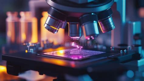 Modern Microscope Analyzing Glowing Sample Laboratory Setting Stock