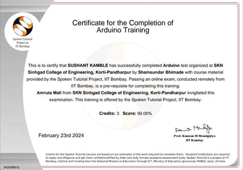 This Certificate For The Completion Of Arduino Training Sushant Kamble