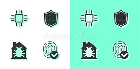 Set Fingerprint Processor With Microcircuits Cpu House System Bug And Shield Brick Wall Icon
