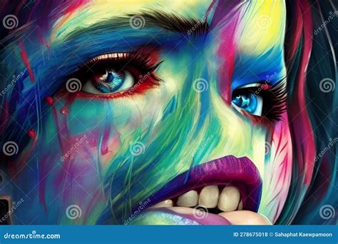 Close Up Portrait Of A Beautiful Girl With Blue Eyes And Multicolored