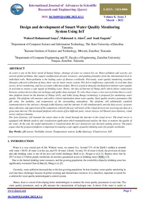 Pdf Design And Development Of Smart Water Quality Monitoring System Using Iot