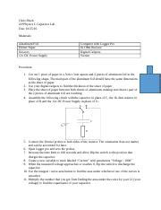 AP Physics Capacitor Lab Docx Chris Shieh AP Physics C Capacitor Lab Due Materials
