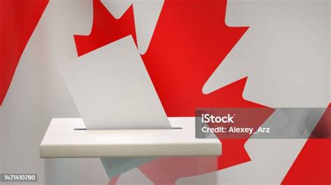 텍스트 또는 로고를 위한 공간이 있는 빈 투표용지가 캐나다 국기를 배경으로 투표함에 드롭됩니다 선거 개념입니다 3d 렌더링 모형