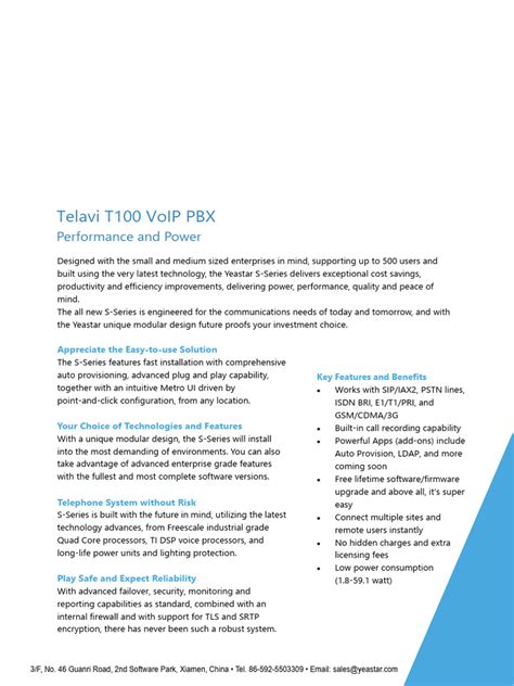 Telavi T100 Pbx Datasheet Pdf Session Initiation Protocol Voice Over Ip