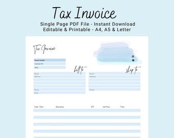 Editable PDF Tax Invoice Printable Editable Professional Tax Invoice Pink Water Colour