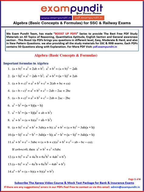 Algebra Basic Concepts Formulas For Ssc Railway Exams Pdf Polynomial Factorization