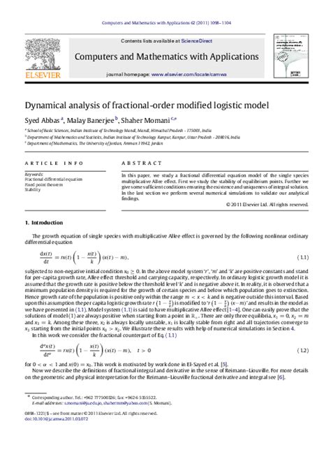 Pdf Dynamical Analysis Of Fractional Order Modified Logistic Model