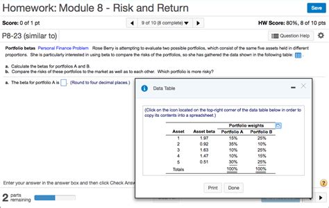 Solved Save Homework Module 8 Risk And Return Score 0 Of