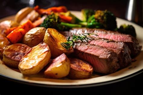 Carne Asada Con Patatas Y Verduras En Un Plato Tonado Filete Suculento