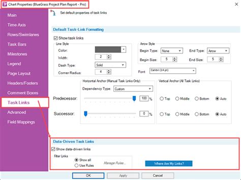 Editing Task Links With The Chart Properties Form For OnePager Pro For Version OnePager