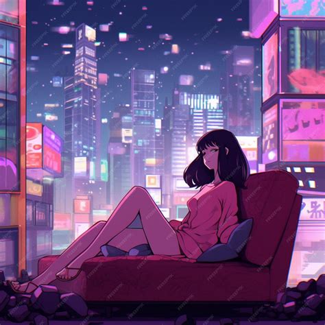 Premium Photo Anime Girl Sitting On A Red Chair In A City At Night Generative Ai