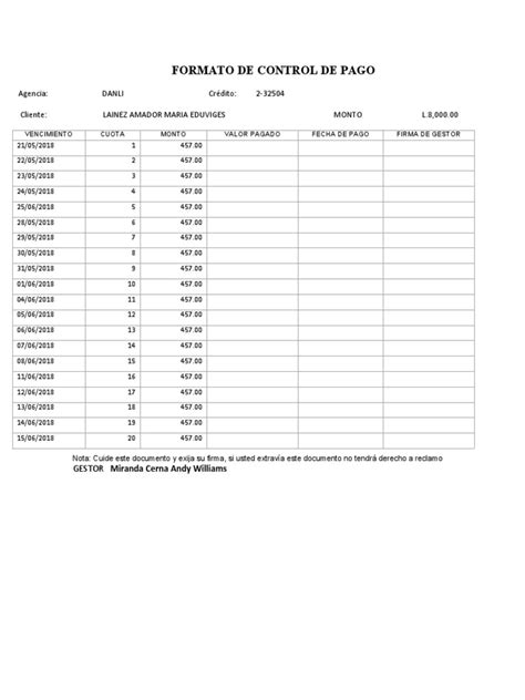 Formato De Control De Pago 2 Pdf