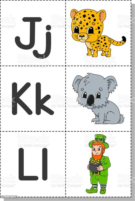 만화 문자와 영어 알파벳 플래시 카드 벡터 집합입니다 밝은 색상 스타일 Abc를 알아보십시오 소문자 및 대문자 문자 개체 그룹에 대한 스톡 벡터 아트 및 기타 이미지