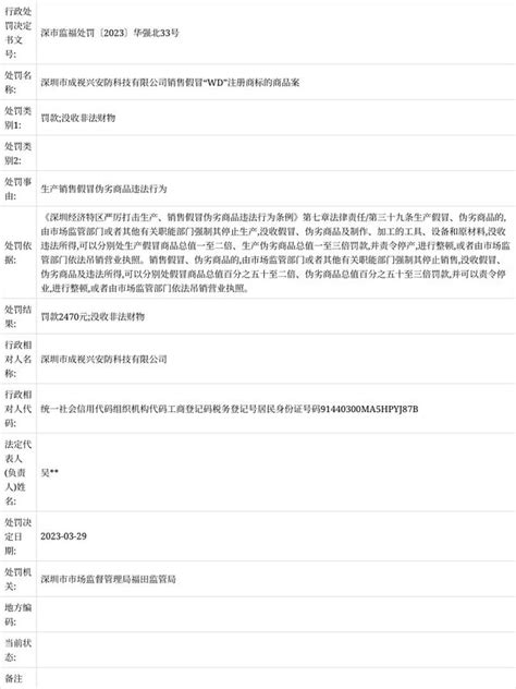 深圳市成视兴安防科技有限公司销售假冒“wd”注册商标的商品案打印页面 安防资讯网