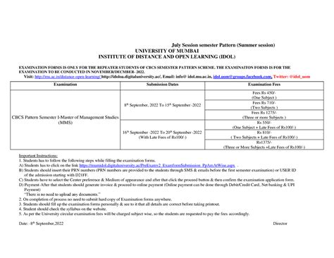 Mms Sem I Examination Forms For Repeaters July Session Semester