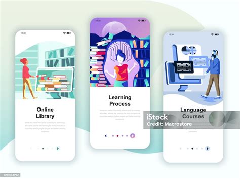 도서관 학습 언어 과정 모바일 응용 프로그램 서식 파일에 대 한 온 보 딩 스크린 사용자 인터페이스 키트 세트 학습에 대한 스톡 벡터 아트 및 기타 이미지 Istock