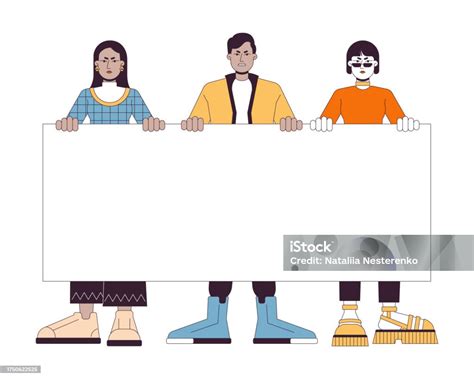 빈 포스터 플랫 라인 컬러 벡터 문자를 들고 있는 다국적 사람들 2차 도형에 대한 스톡 벡터 아트 및 기타 이미지 2차 도형